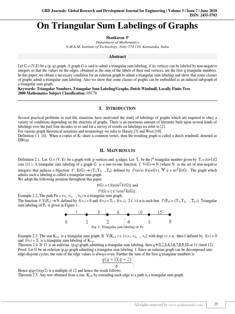 On Triangular Sum Labeling of Graphs | PDF | Vertex (Graph Theory) | Combinatorics