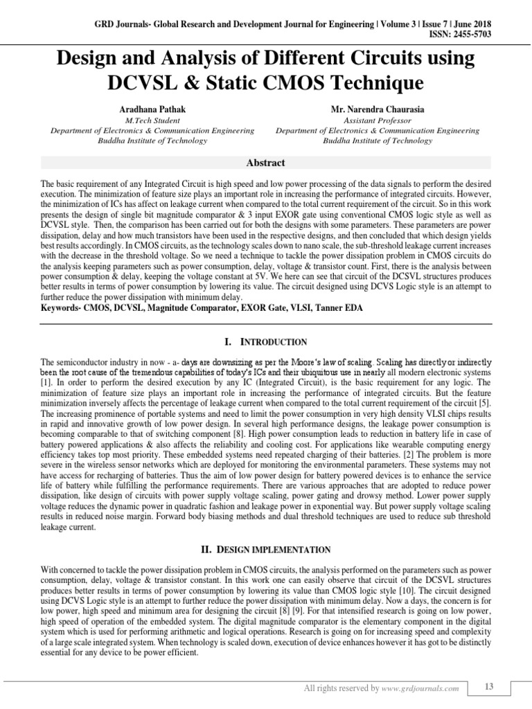 Design and Analysis of Different Circuits Using DCVSL & Static CMOS Technique | PDF | Cmos ...