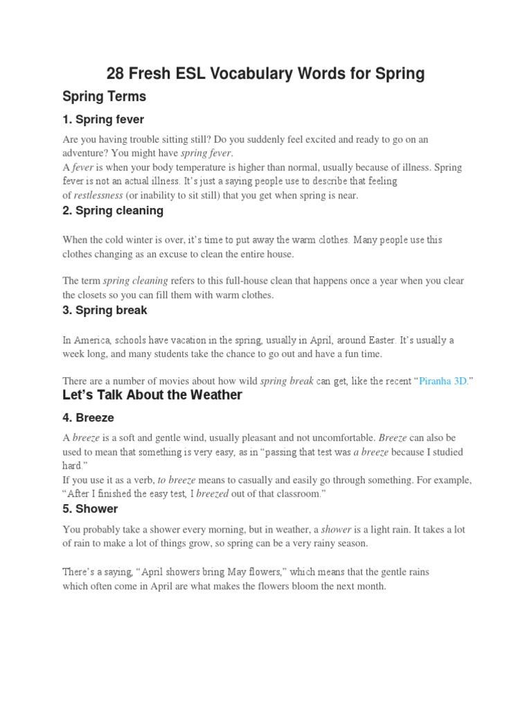 28 Fresh ESL Vocabulary Words For Spring | PDF | English As A Second Or ...