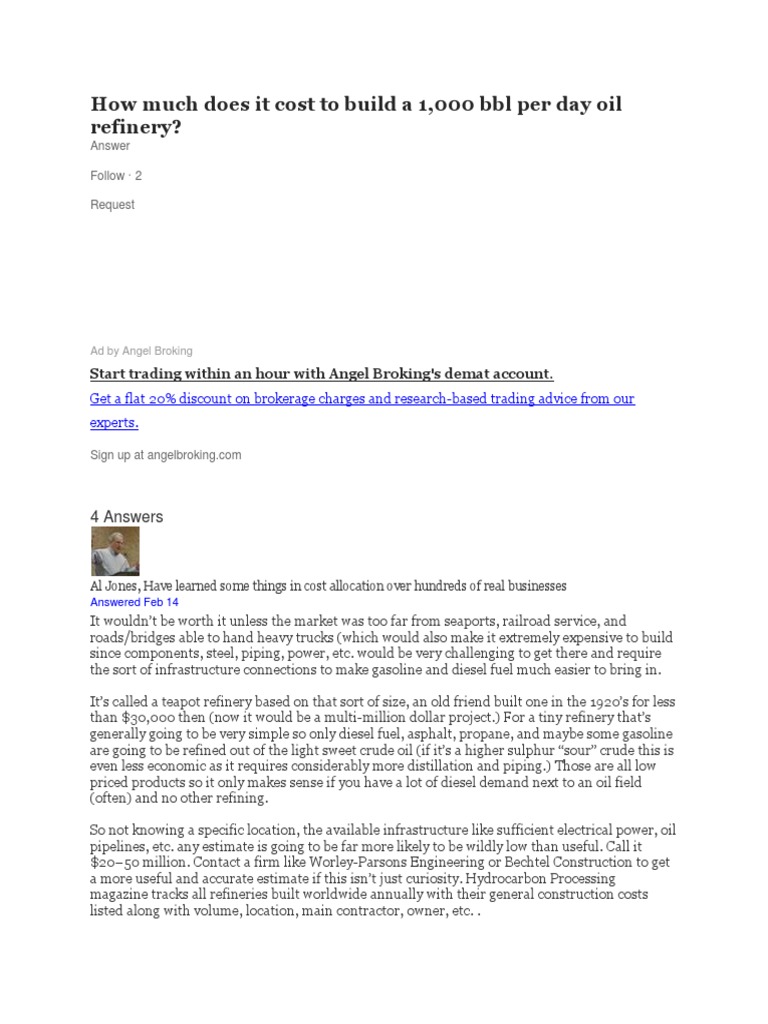 How Much Does It Cost To Build A 1,000 BBL Per Day Oil Refinery? | PDF ...