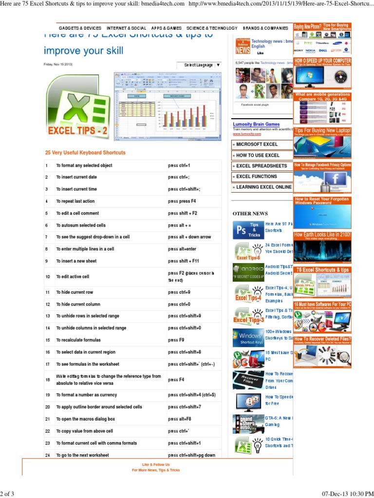 MS Excel Shortcuts and Tips | PDF | Microsoft Excel | Computing