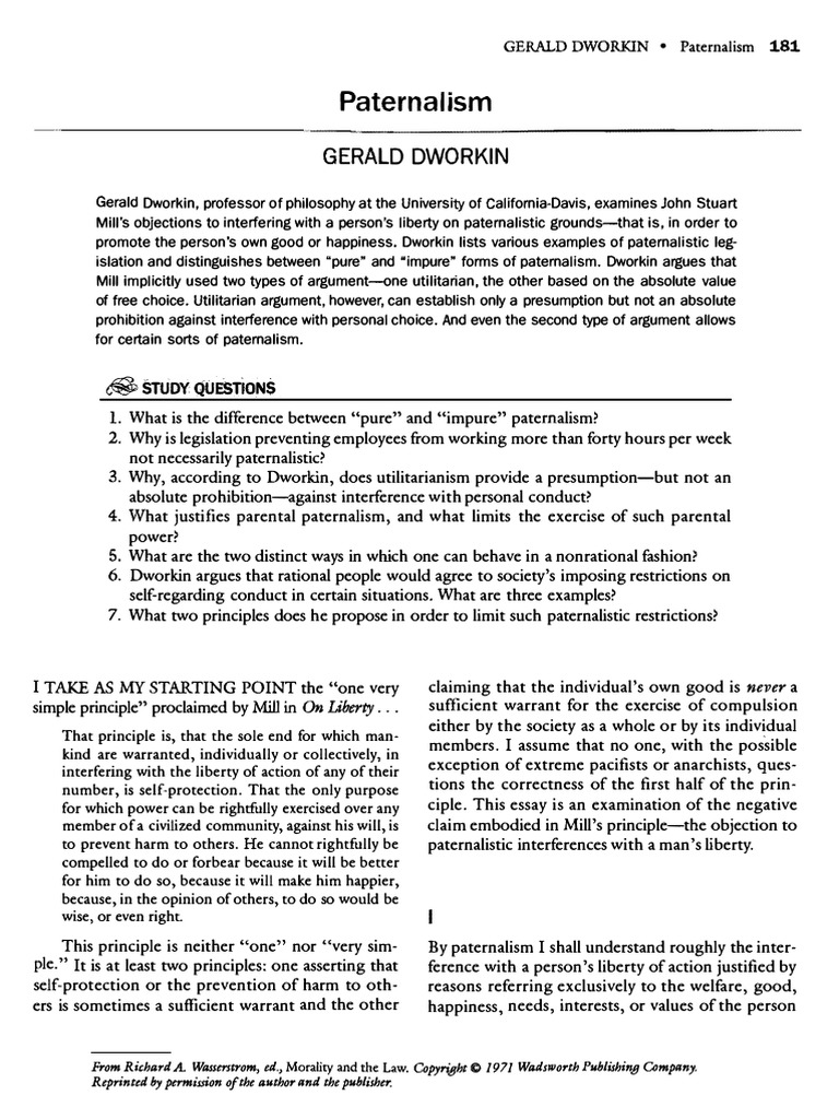 Gerald Dworkin - Paternalism (Artigo) PDF | PDF | Utilitarianism | Liberty