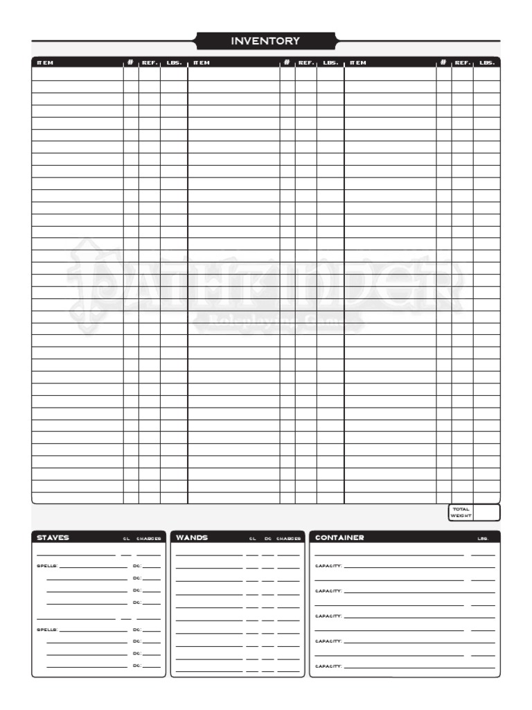 Inventory: Item Lbs. # Ref. Item Lbs. # Ref. Lbs. # Ref. Item | PDF