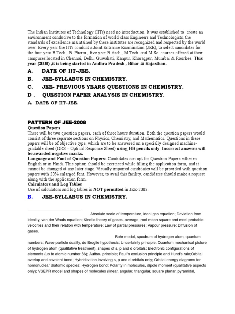 A. Date of Iit-Jee. B. Jee-Syllabus in Chemistry. C. Jee-Previous Years ...