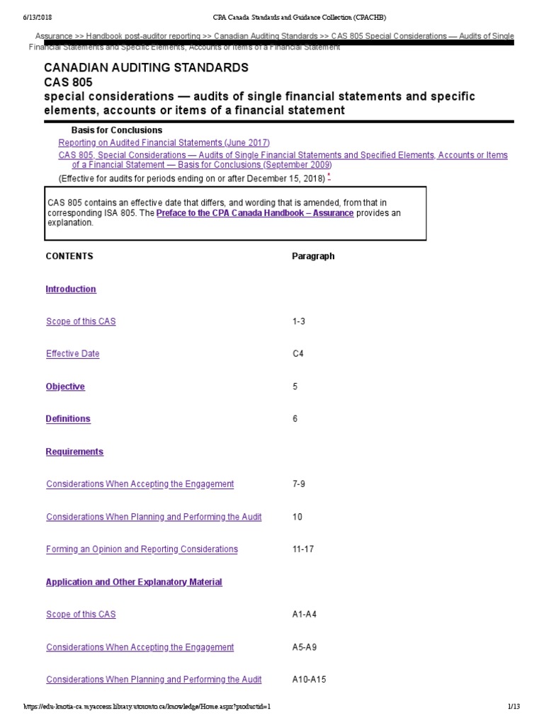 CAS 805 Specific Elements PDF | PDF | Auditor's Report | Going Concern
