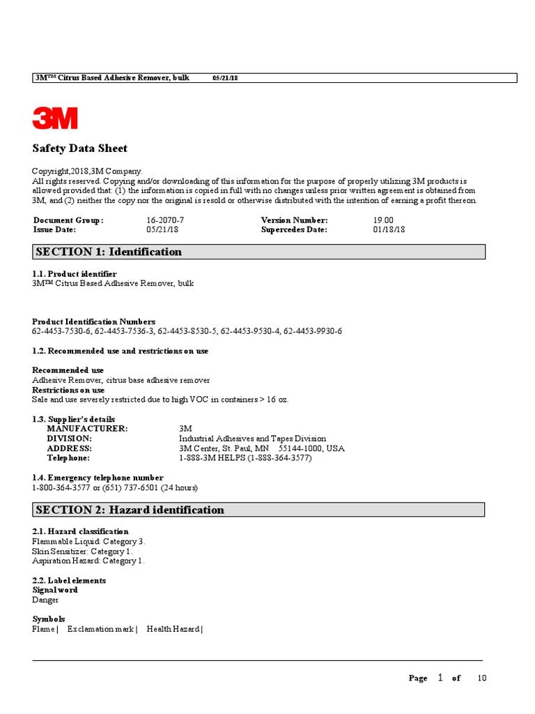 MSDS Citrus Based Adhesive Remover 3M | PDF | Volatile Organic Compound ...