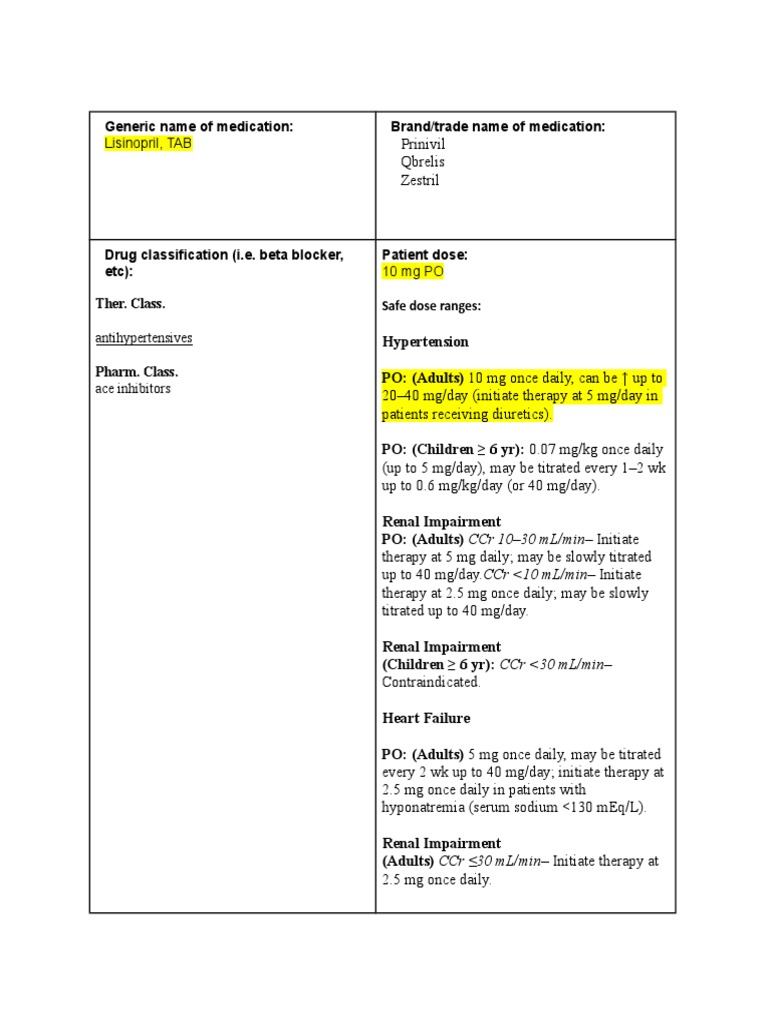 Lisinopril, TAB: Generic Name of Medication: Brand/trade Name of ...