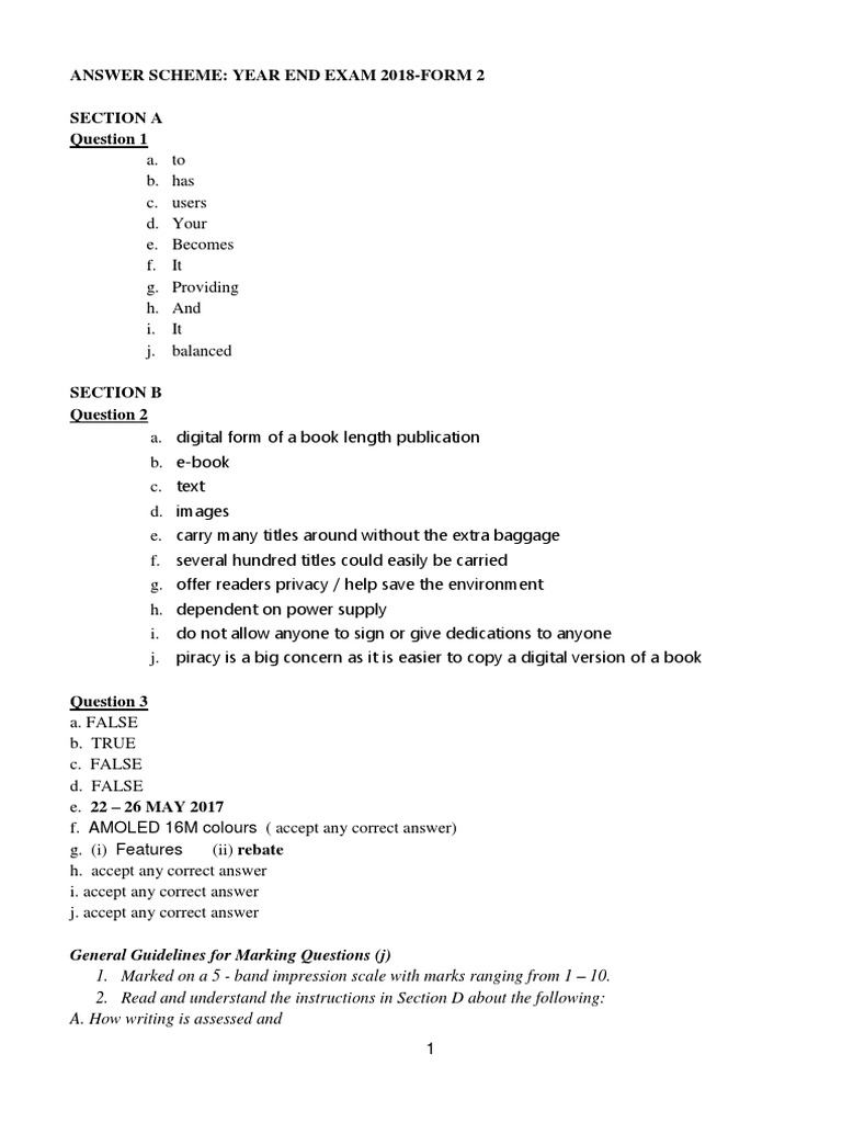 Answer Scheme: Year End Exam 2018-Form 2: General Guidelines For ...
