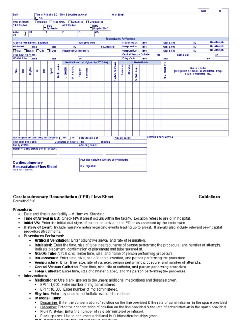 CPR CODE Flow Sheet | Cardiopulmonary Resuscitation | Intravenous Therapy