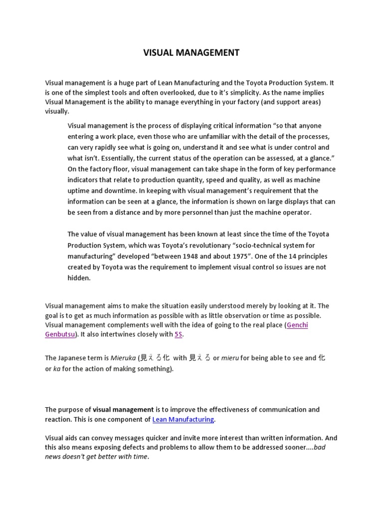 Visual Management: Genchi Genbutsu 5S | PDF | Lean Manufacturing | Business