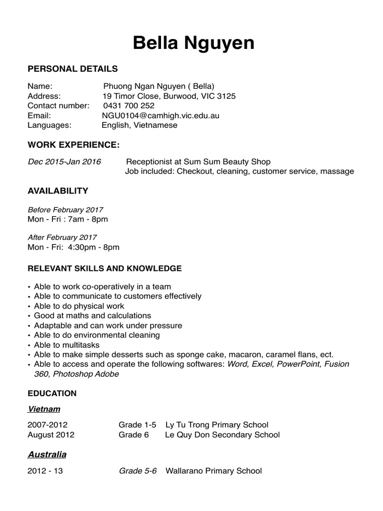 Bella Nguyen: Personal Details | PDF