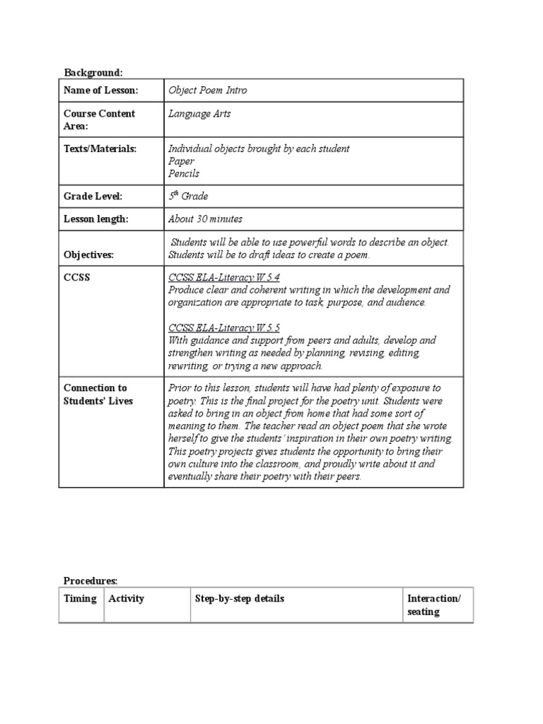 Object Poem Lesson | PDF | Classroom | Poetry