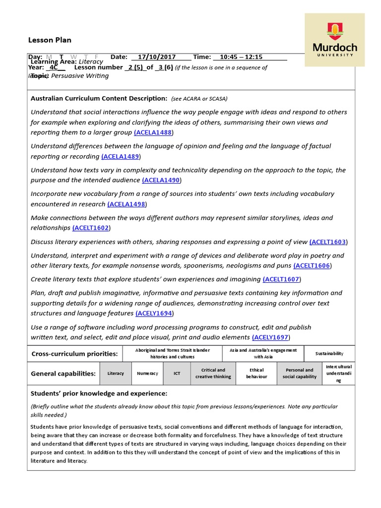 Persuasive Writing Lesson Plan for Year 4 | PDF | Persuasion ...