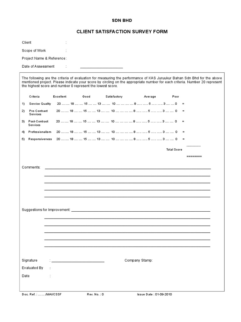 Client Satisfaction Survey Form | PDF | Evaluation | Business