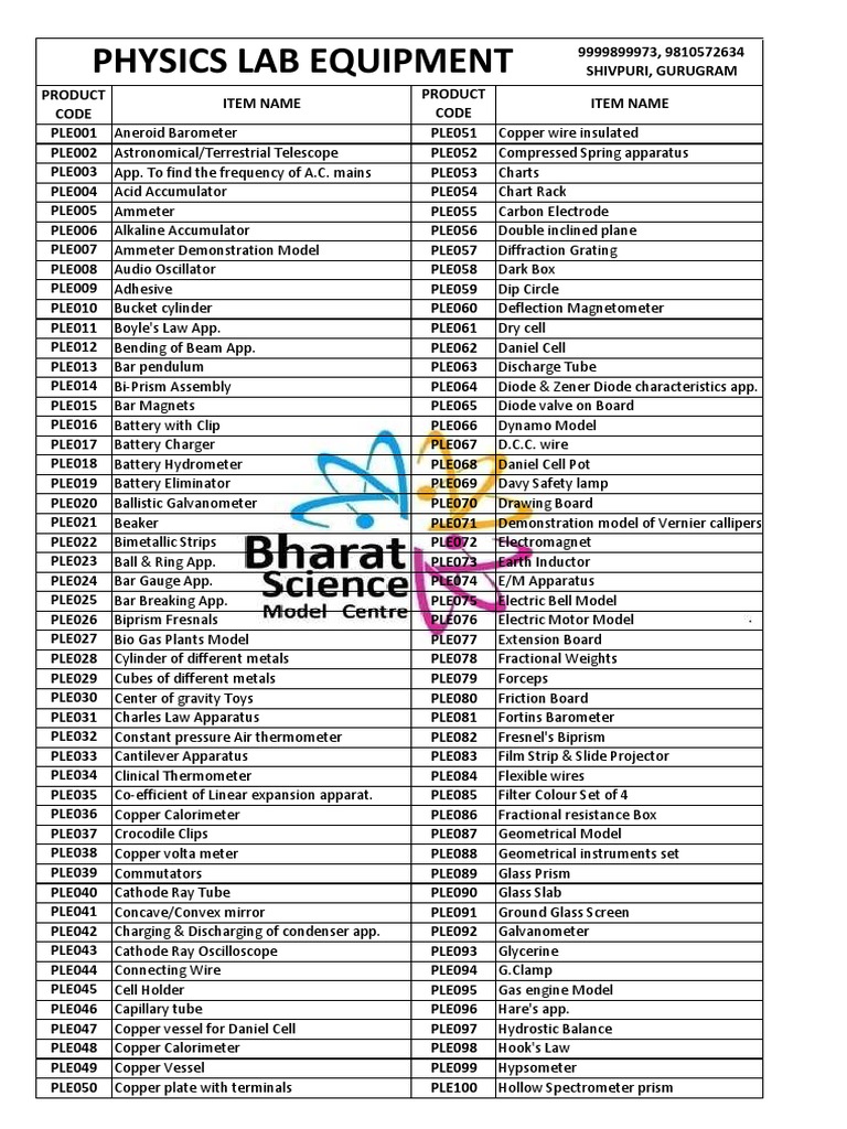 Comprehensive Physics & Chemistry Lab Equipment List | PDF | Science ...
