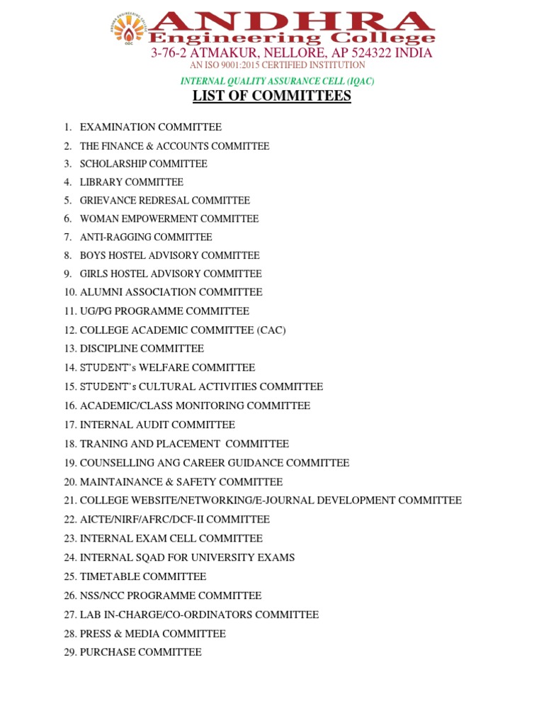 List of Committees: 3-76-2 ATMAKUR, NELLORE, AP 524322 INDIA | PDF