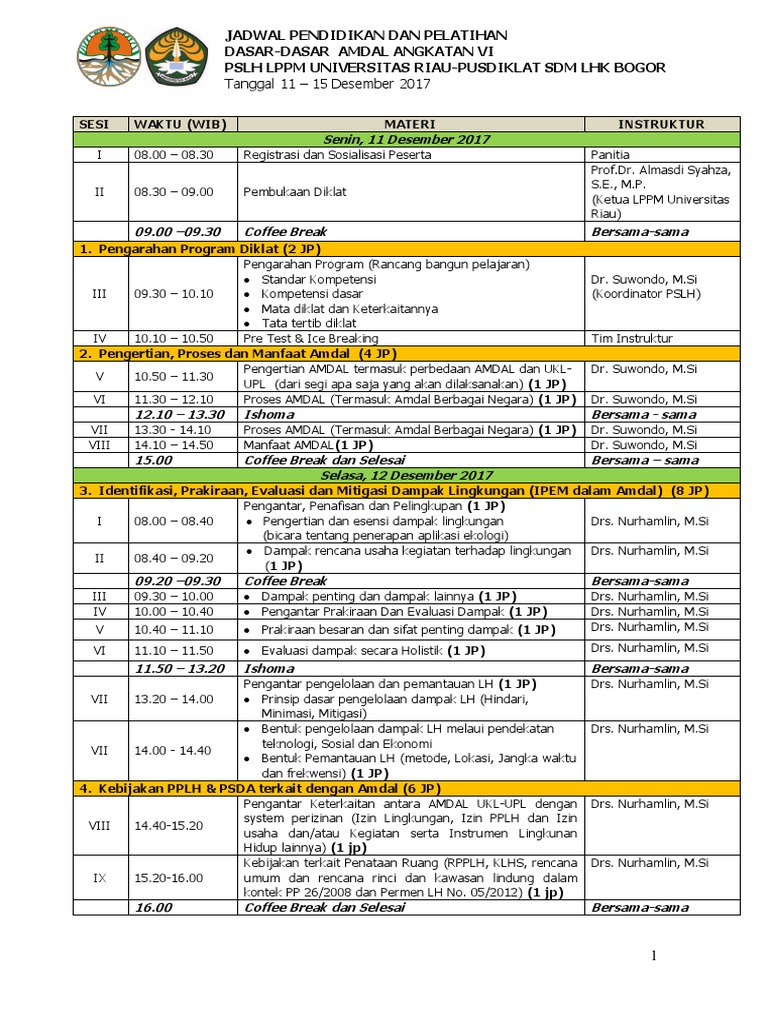 Jadwal Diklat AMDAL Universitas Riau | PDF | Sains & Matematika