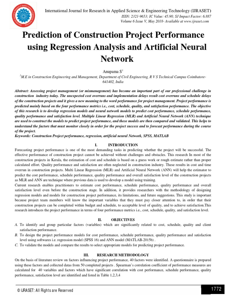 Prediction of Construction Project Performance Using Regression Analysis and Artificial Neural ...