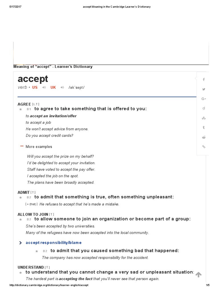 Accept Meaning in The Cambridge Learner's Dictionary | PDF | Noun | Verb