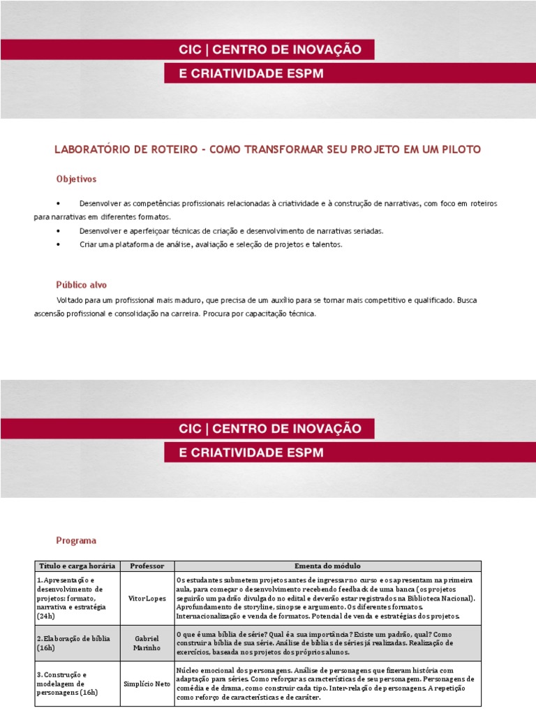 Laboratorio de Roteiro - Como Transformar Seu Projeto em Um Piloto. - Cic Espm | PDF | Brasil ...