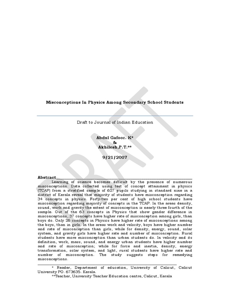 Misconceptions in Physics Among Secondary School Students | PDF | Force ...