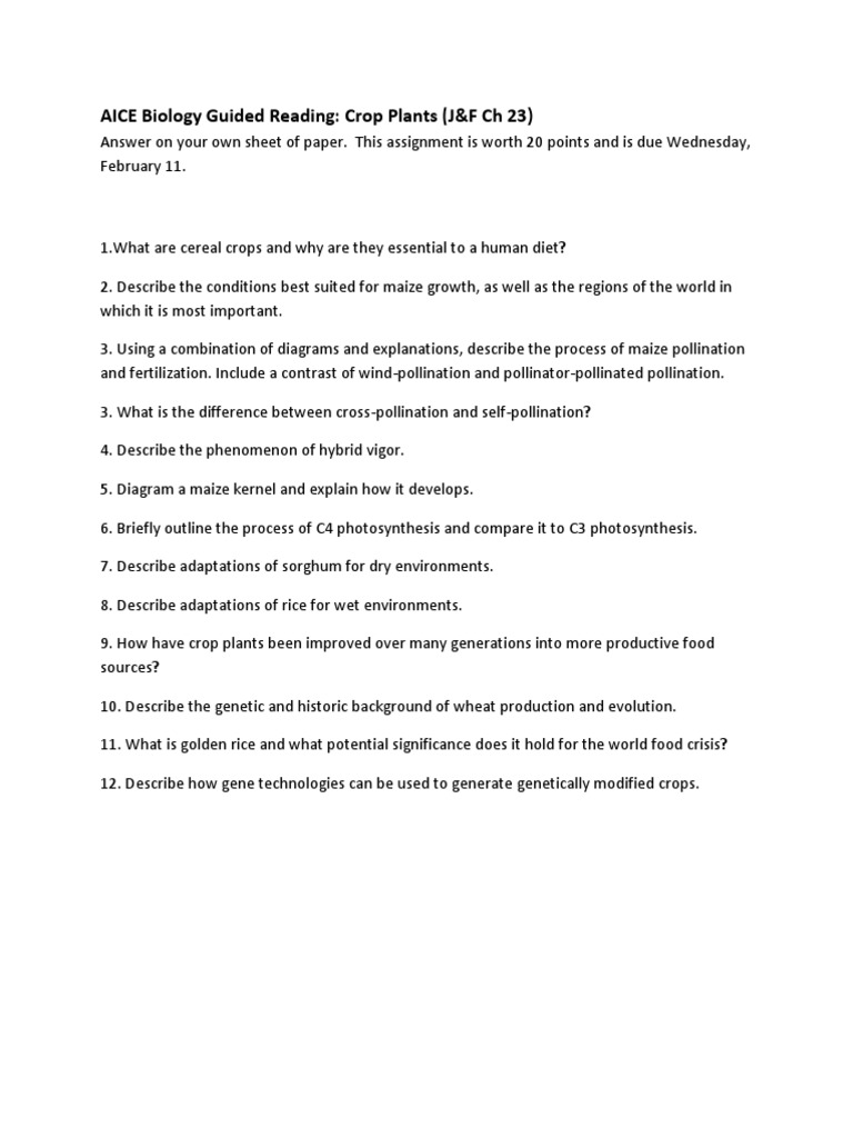 AICE Biology Guided Reading: Crop Plants (J&F CH 23) | PDF | Science ...