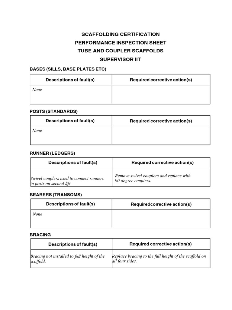 Scaffolding Certification Performance Inspection Sheet Tube and Coupler ...