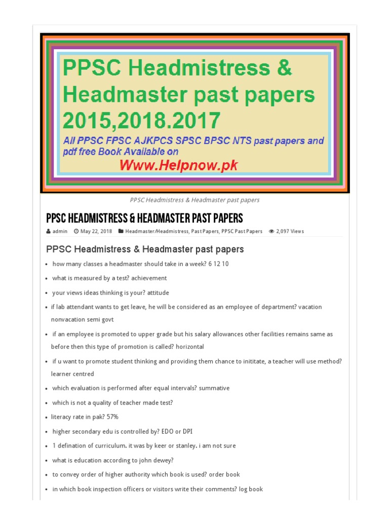 Ppsc Headmistress Headmaster Past Papers Solved 2016 2017 Pdf