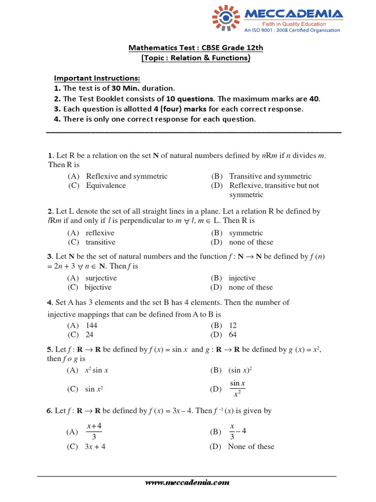 1.relation & Function MCQ Test | PDF | Function (Mathematics ...