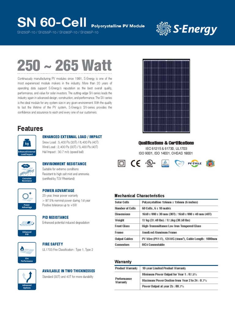 S Energy SN 60 Cell Series Solar Panel Datasheet V 01 PDF | PDF | Solar ...