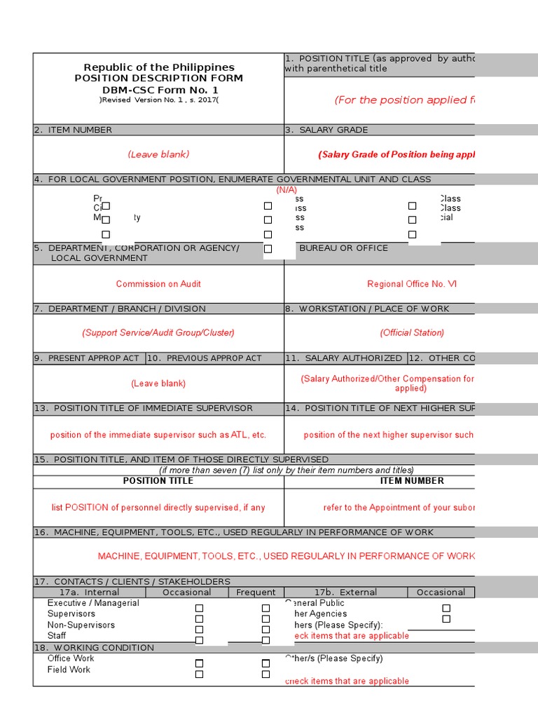 DBM CSC Form No 1 Position Description Forms Revised 2017 Sample | PDF ...