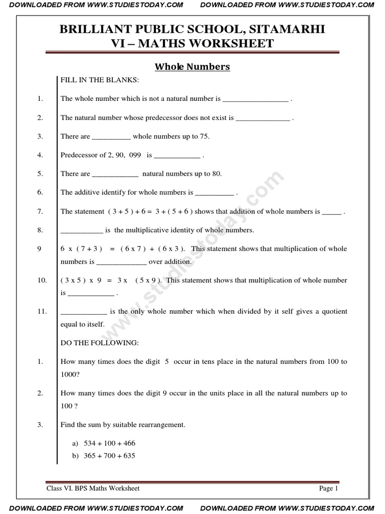 Class 6 Maths Worksheet on Whole Numbers | PDF | Fraction (Mathematics ...