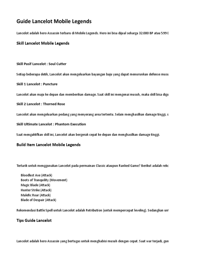 Panduan Lengkap Lancelot MLBB | PDF | Griya & Taman