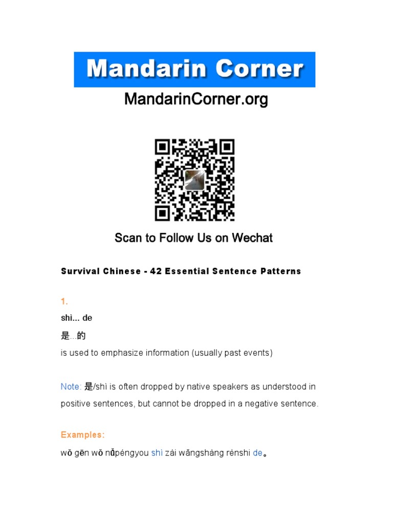 Survival Chinese 42 Essential Sentence Patterns | PDF | Linguistics | Languages