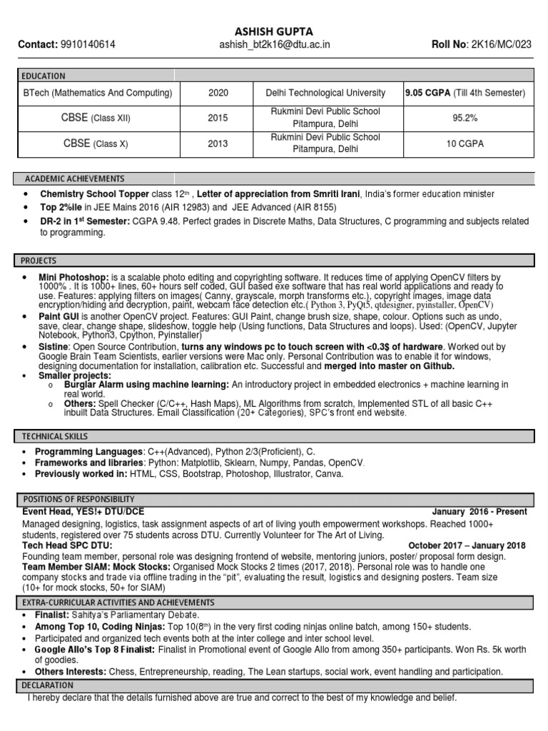 Ashish Gupta Resume Pdf Pdf Python Programming Language Areas Of Computer Science