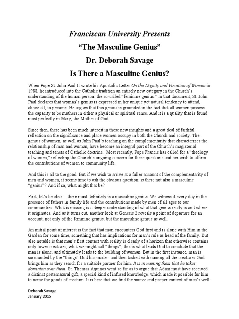 "The Masculine Genius" Dr. Deborah Savage Is There A Masculine Genius ...