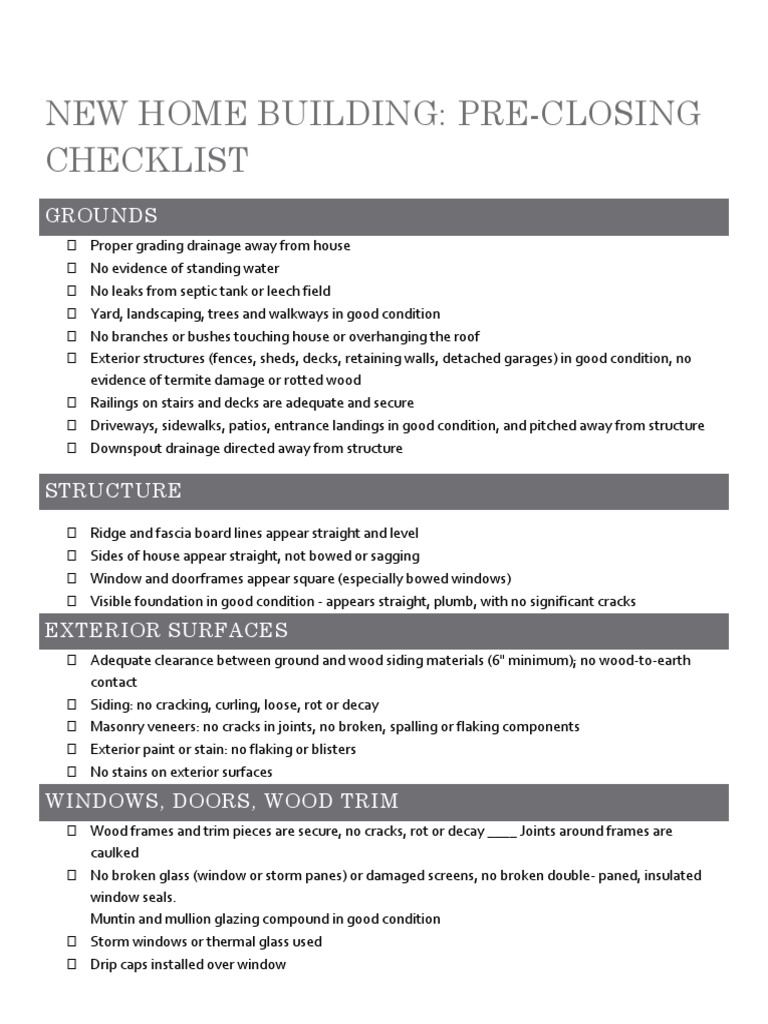 New Home Building: Pre-Closing Checklist: Grounds | PDF | Window | Roof