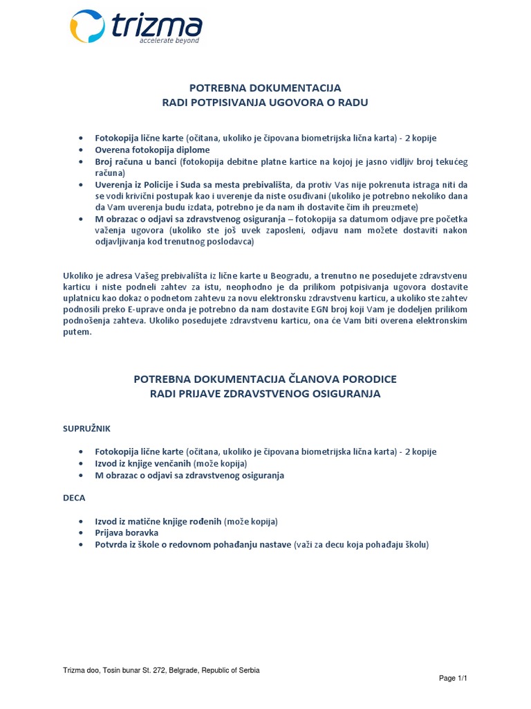 Trizma Neophodna Dokumentacija | PDF