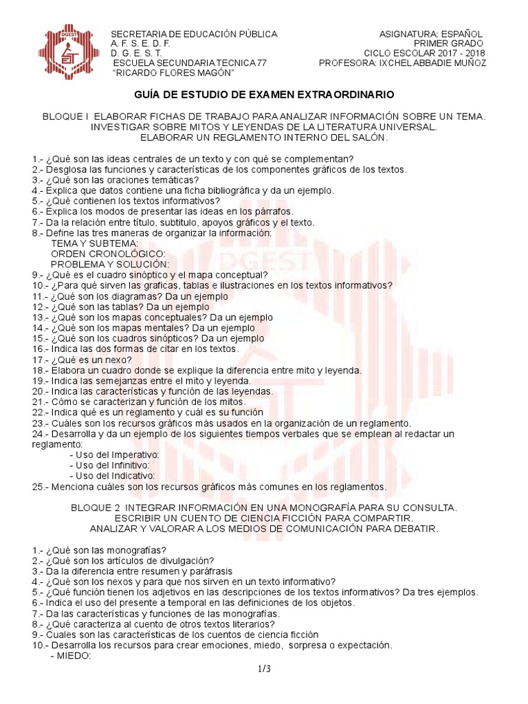 Guía de Estudio Examen Extraordinario Español 1 - 7-18 | PDF ...