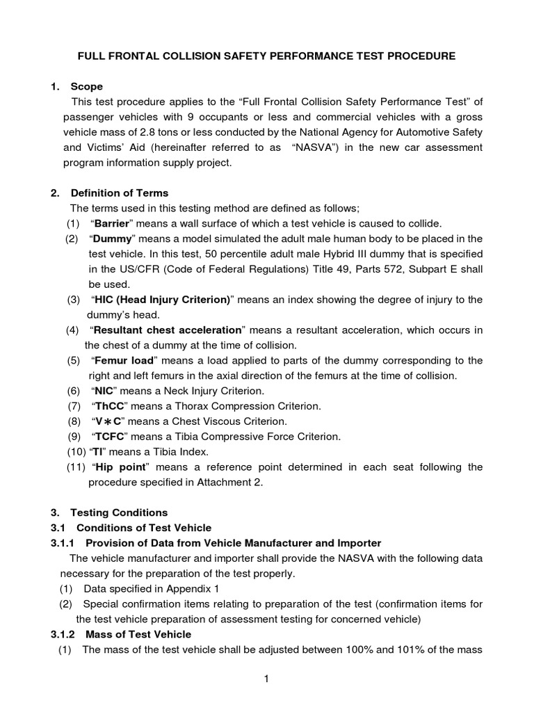 2014 Full-Frontal Collision Safety Performance Teste Procedure PDF ...