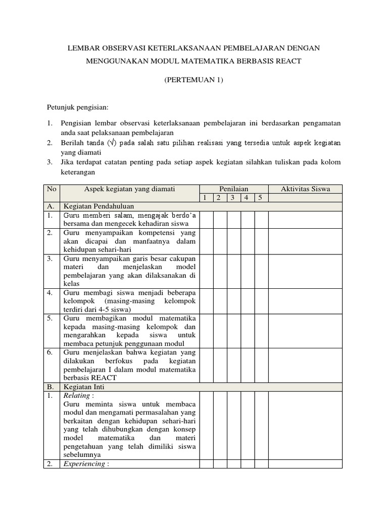 Lembar Observasi Keterlaksanaan Pembelajaran | PDF