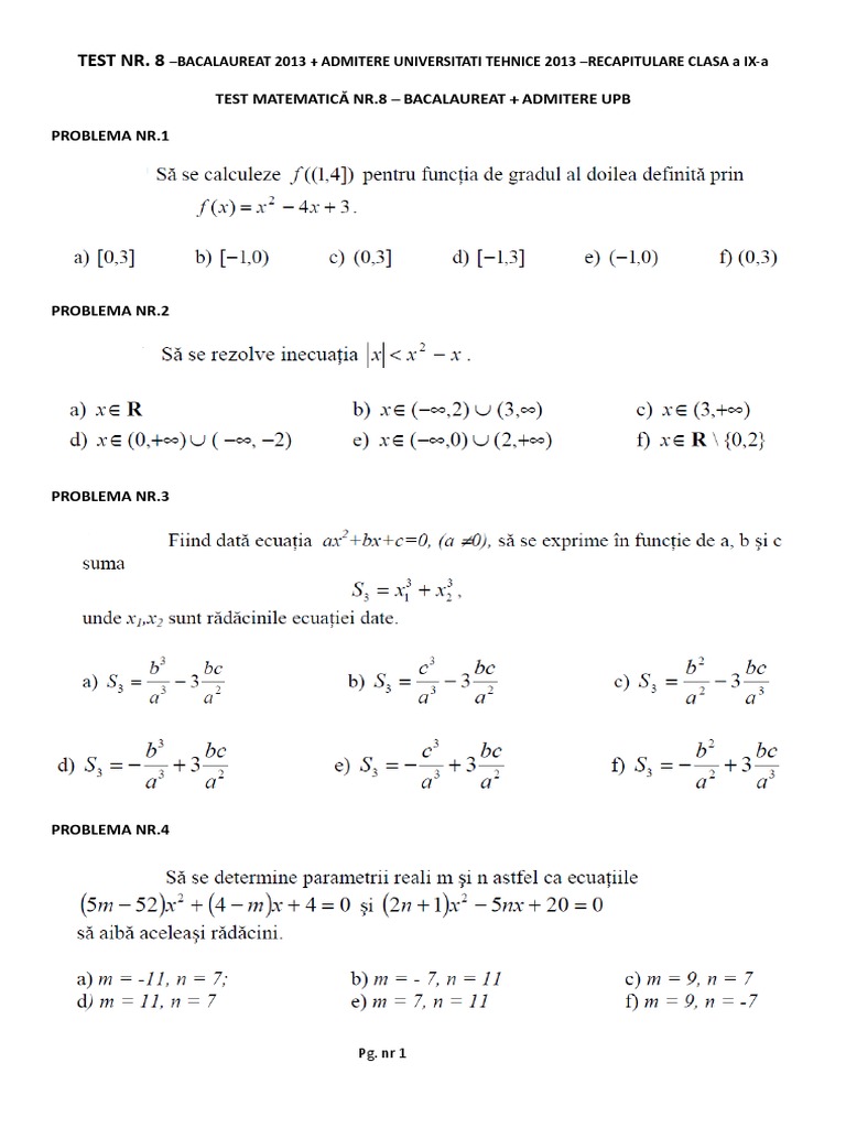 Test Matematica NR 8 Bacalaureat Admitere Upb Trigonometrie Clasa A Ix ...
