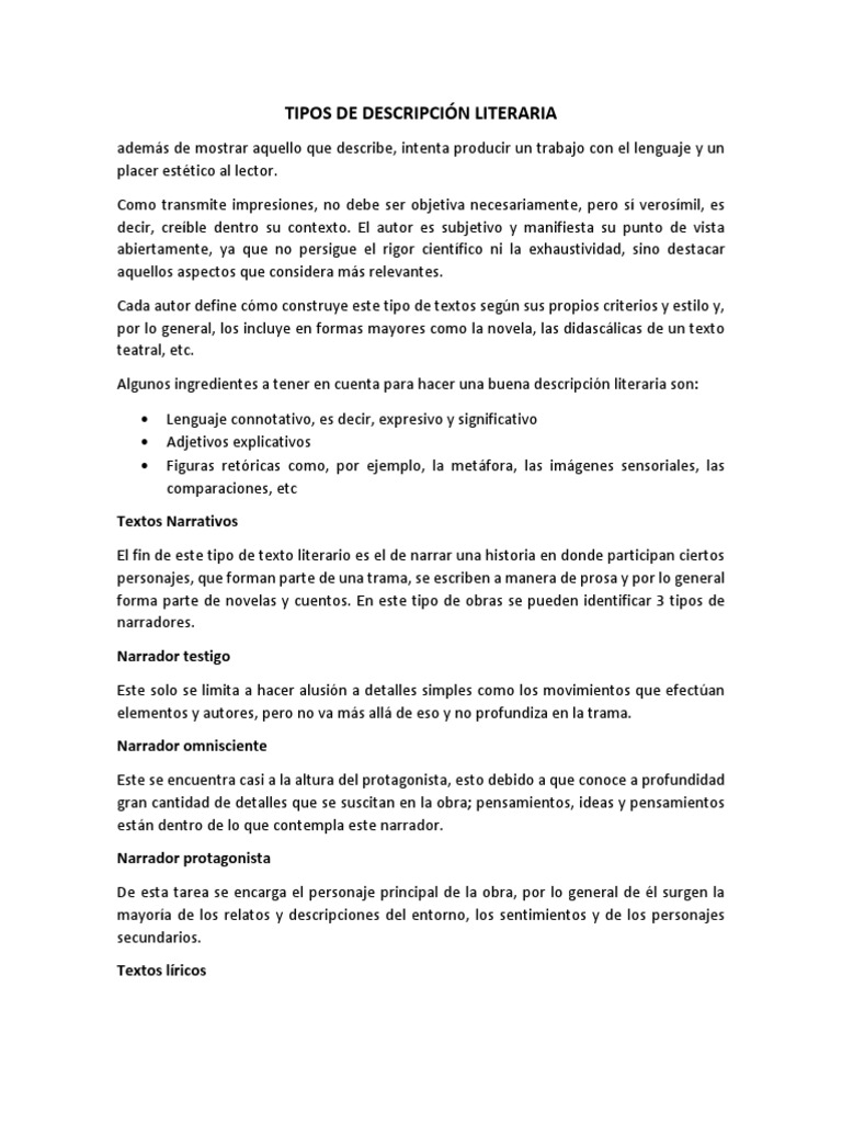 Tipos de Descripción Literaria | PDF | Narración | Poesía