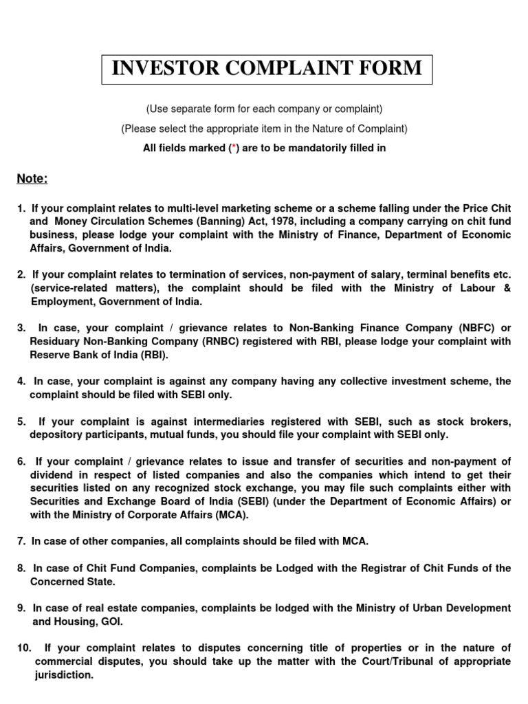 Investor Complaint Form: A Template for Filing Complaints Against ...