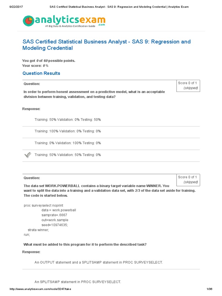 SAS Certified Statistical Business Analyst - SAS 9: Regression and Modeling Exam Prep | PDF ...
