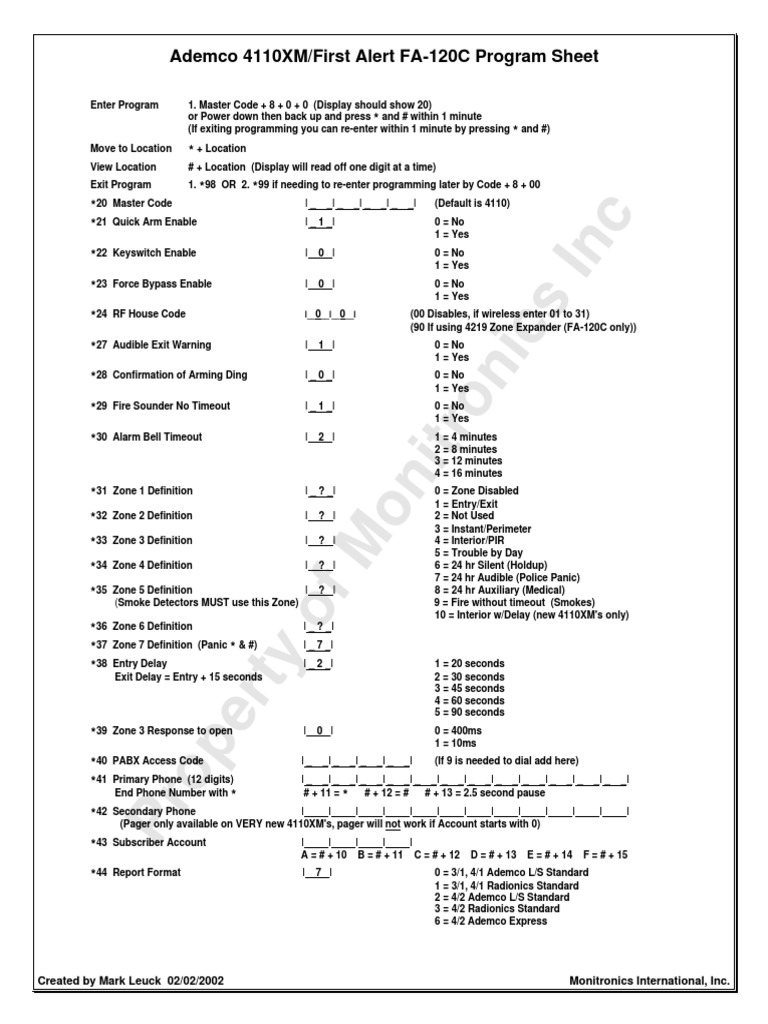 Ademco 4110XM Program Sheet | PDF | Telecommunications | Electronics