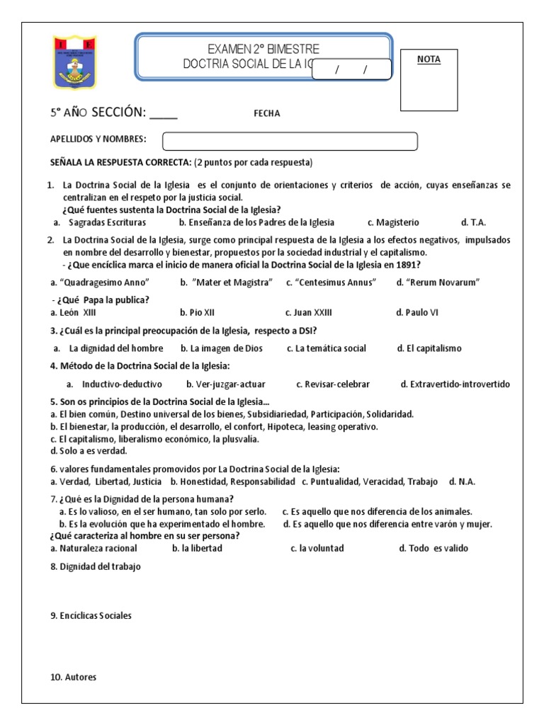 Examen DSI 2 Bimestre | PDF | Doctrina social católica | Iglesia Católica