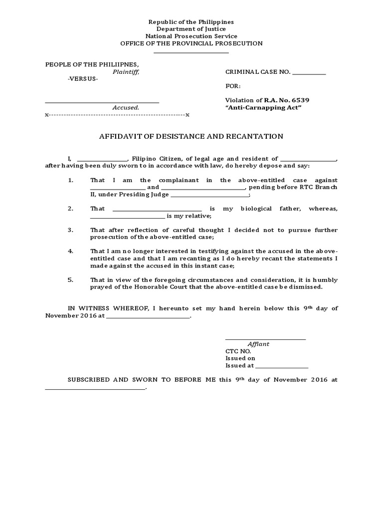 Affidavit of Desistance & Recantation | PDF | Affidavit | Prosecutor