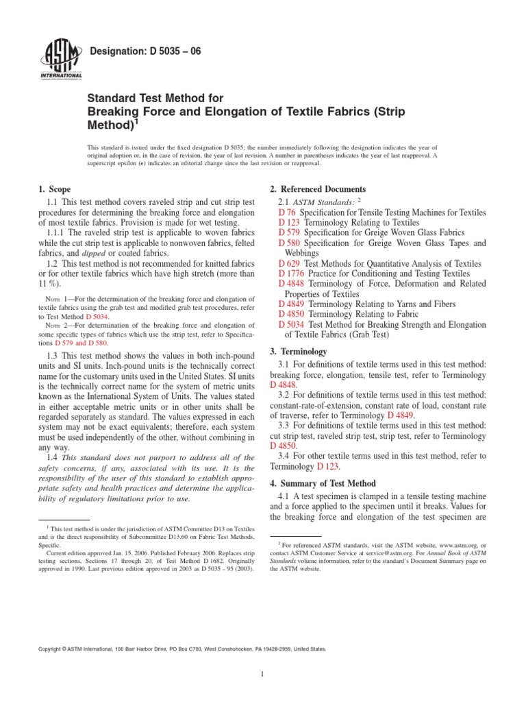Astm d5035 | PDF | Textiles | Accuracy And Precision