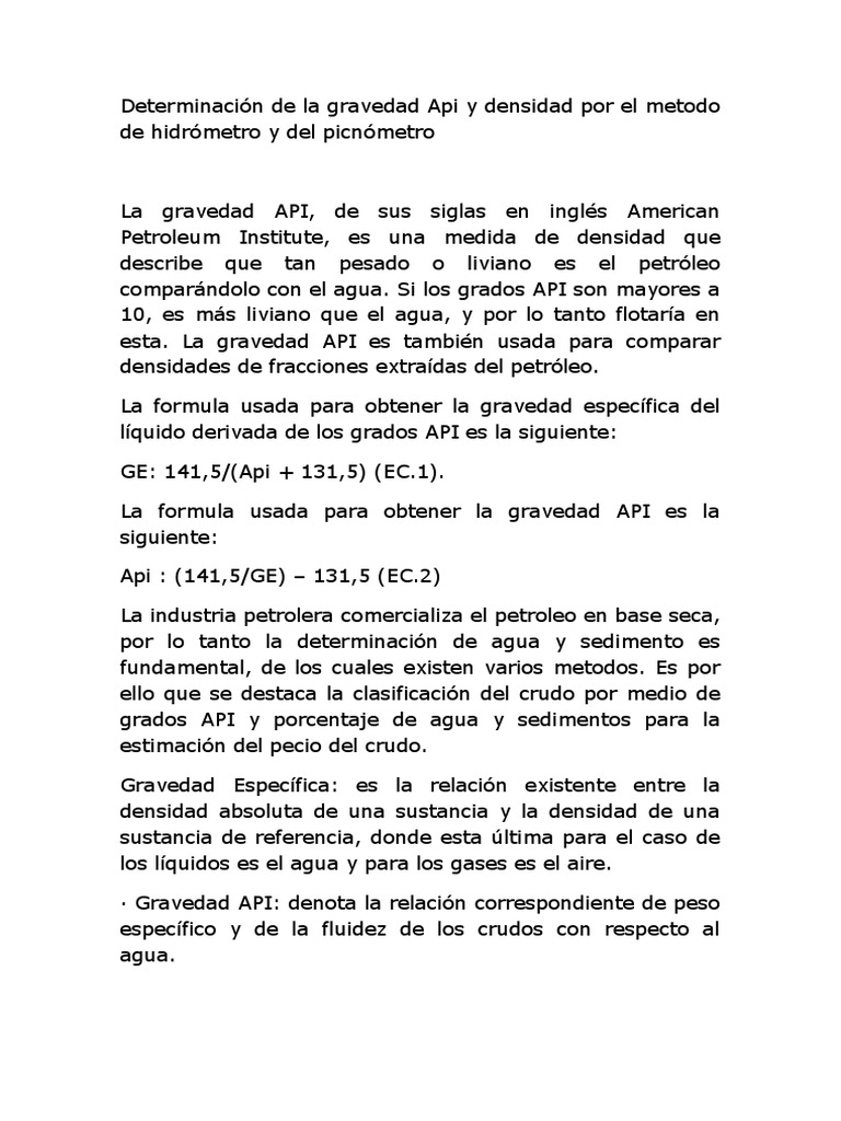 Nota Determinación de La Gravedad API y Densidad Por El Metodo de ...